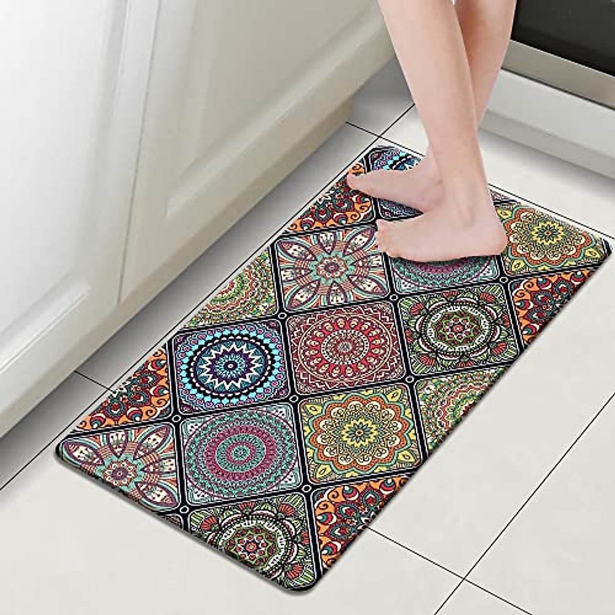 QiyI Anti Fatigue Kitchen Mat 1 Piece Boho Kitchen Rug Waterproof Oil Proof Runner Rug Floral Medallion Laundry Comfort Standing Mat Cushioned Area Doormat 17" W x 29" L - Ethnic Traditional Pattern