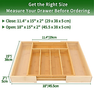 VaeFae Bamboo Silverware Organizer, Expandable Kitchen Drawer Organizer for Cutlery, Wooden Utensil Holder, Multi-Function Drawer Storage, 5-7 Compartments