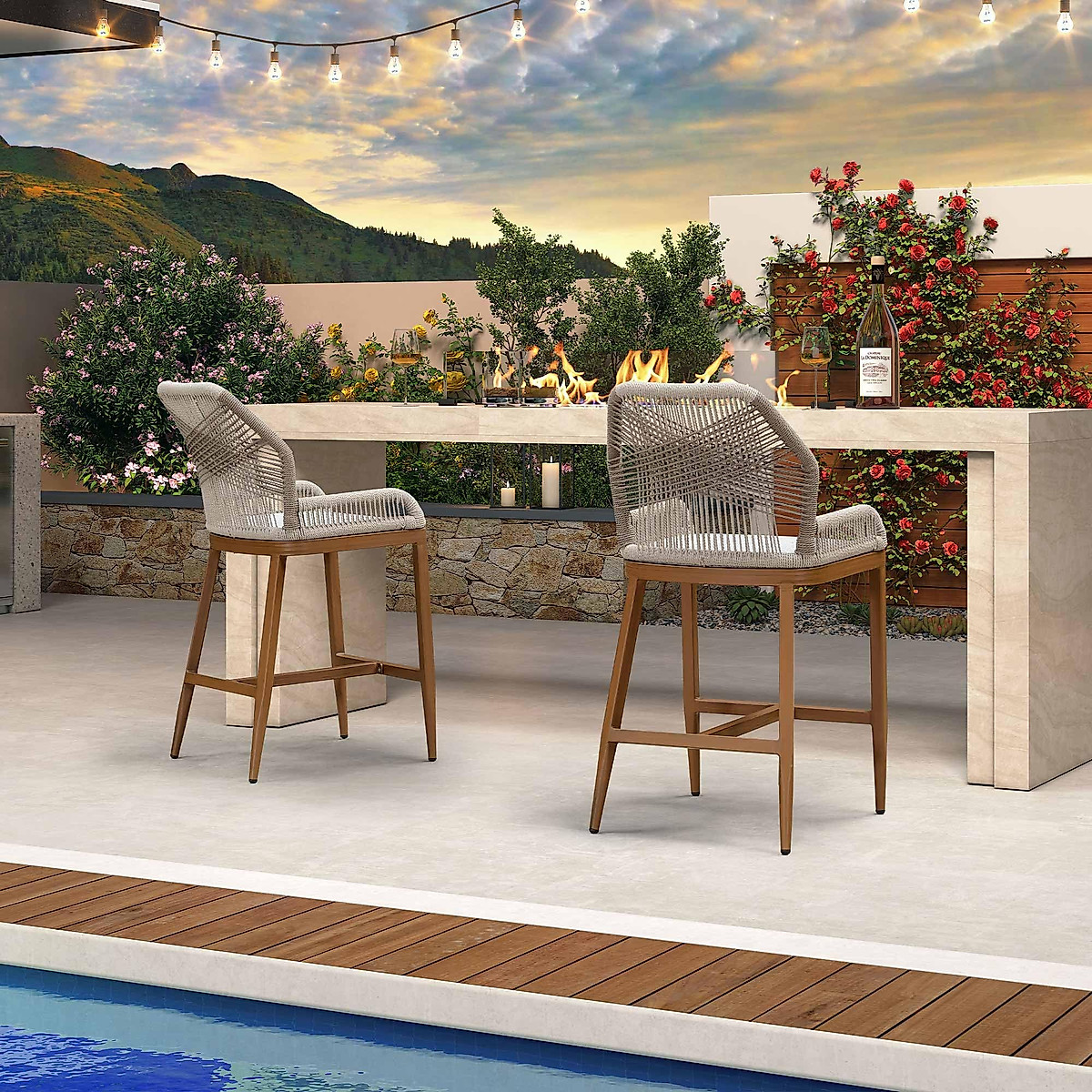 PURPLE LEAF 2 Pieces Counter Height Bar Stools Patio Boho Rattan Barstools Aluminum Woven Bar Chairs with Cushions for Outdoor Kitchen Island Garden