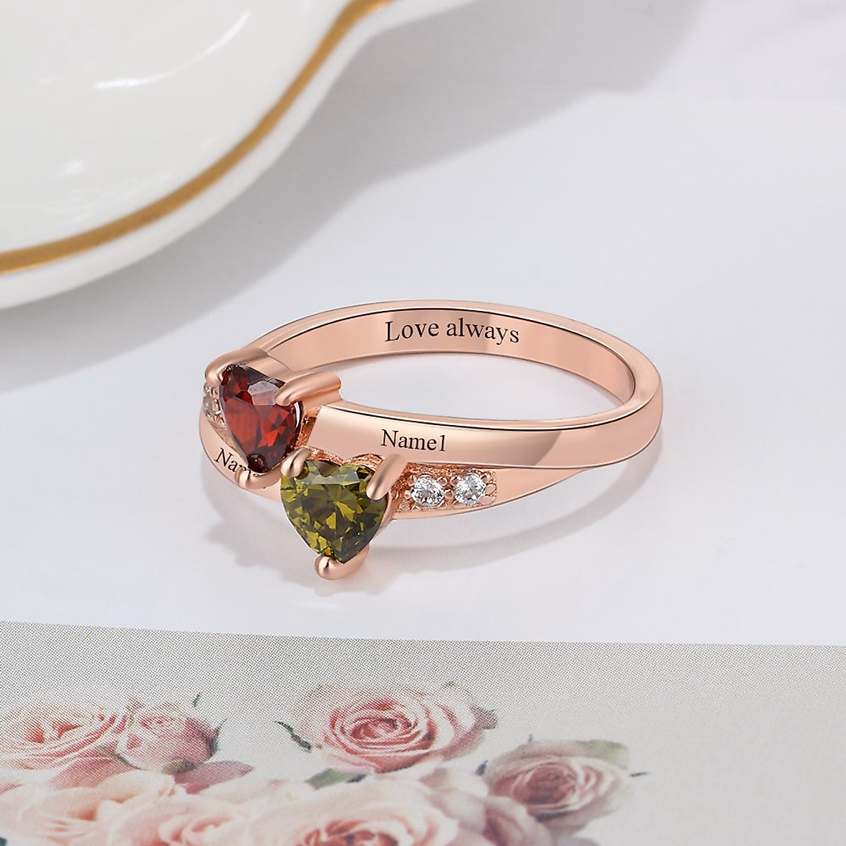 Personalized Promise Rings for Her Mother Rings with 2 Simulated Birthstones Custom Couples Name Ring for Women
