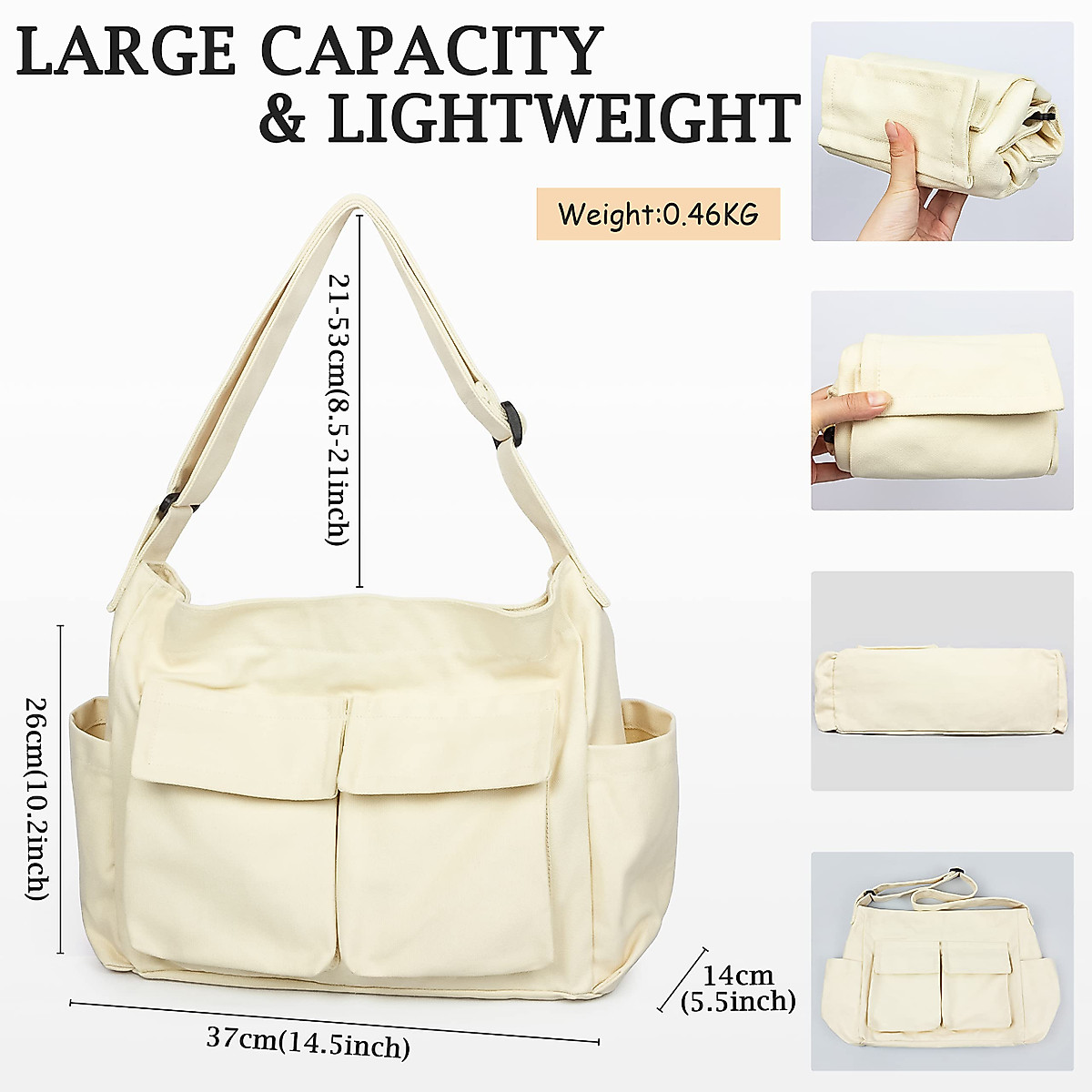 VOLGANIK ROCK Large Canvas Tote Bag with Multi Pockets Lightweight Hobo Crossbody Handbag Shoulder Purse for Women & men