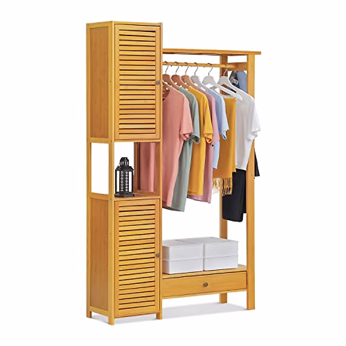 MoNiBloom Closet Organizer with Two Shutter Doors and 1 Drawer, Bamboo Freestanding Clothes Garment Rack with a Hanging Rob, 3 Storage Shelves, 2 Hooks and Plats Rack, Natural