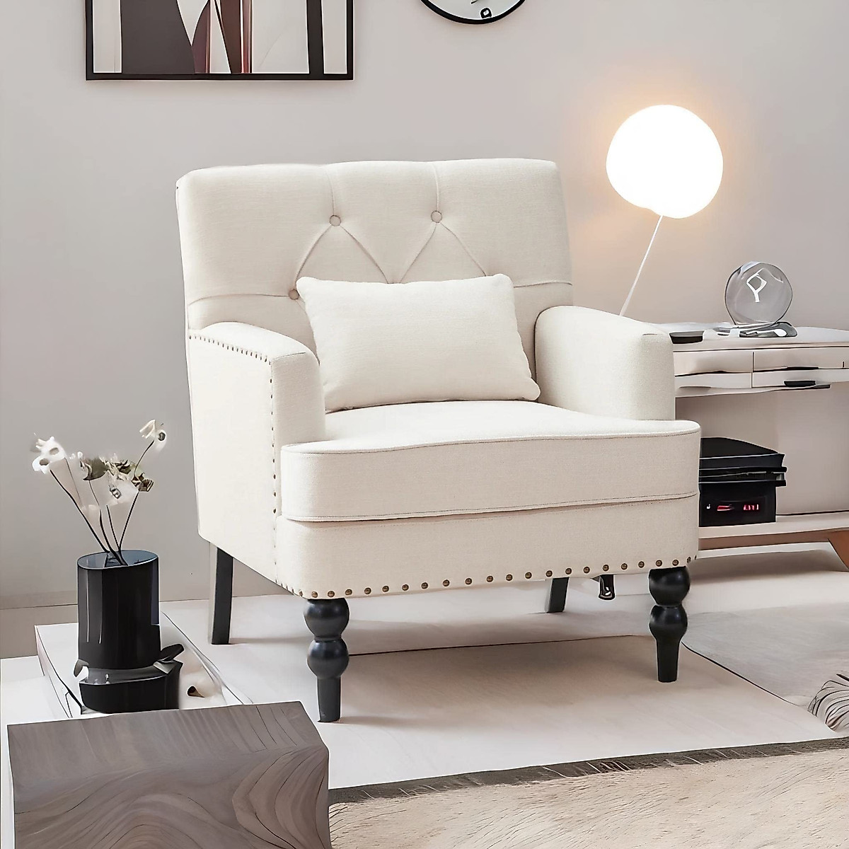 HUIMO Tufted Club Chair,Accent Chair with Lumbar Pillow, Upholstered Button Armchair, Linen Fabric Sofa Chairs for Bedroom, Living Room, Mid Century Modern with Studded Reading Chair Beige