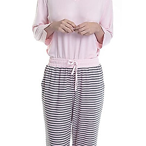 Hanes Women's Butter Knit 3/4 V-Neck Sleep Top and Pajama Pant Lounge & Sleep Set Pink/Stripe