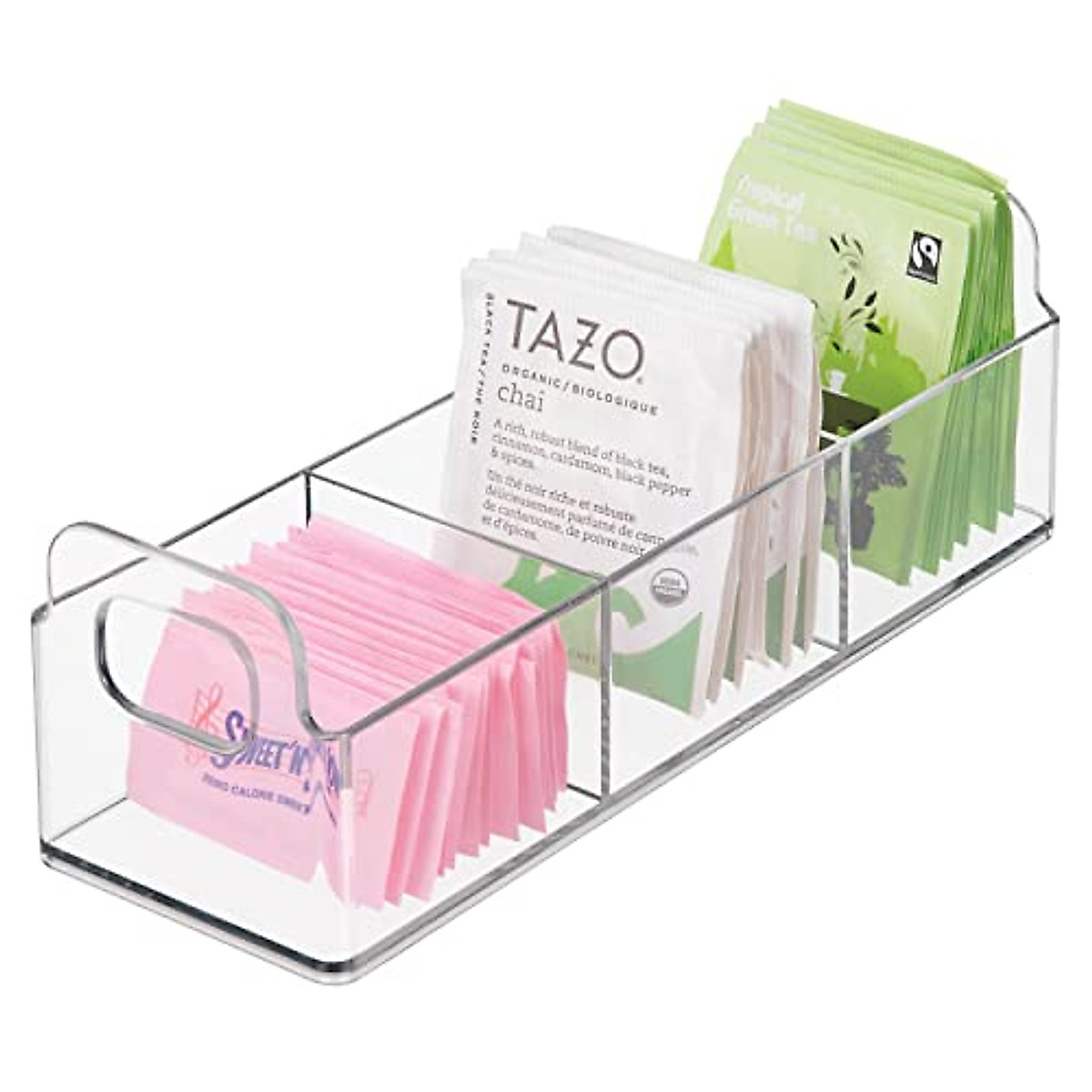 mDesign Plastic Condiment Organizer and Tea Bag Holder - 9" Long Kitchen Pantry/Countertop Storage Caddy - Divided Chip, Snack, Granola, Oatmeal Packet Holder - Lumiere Collection - 4 Pack - Clear