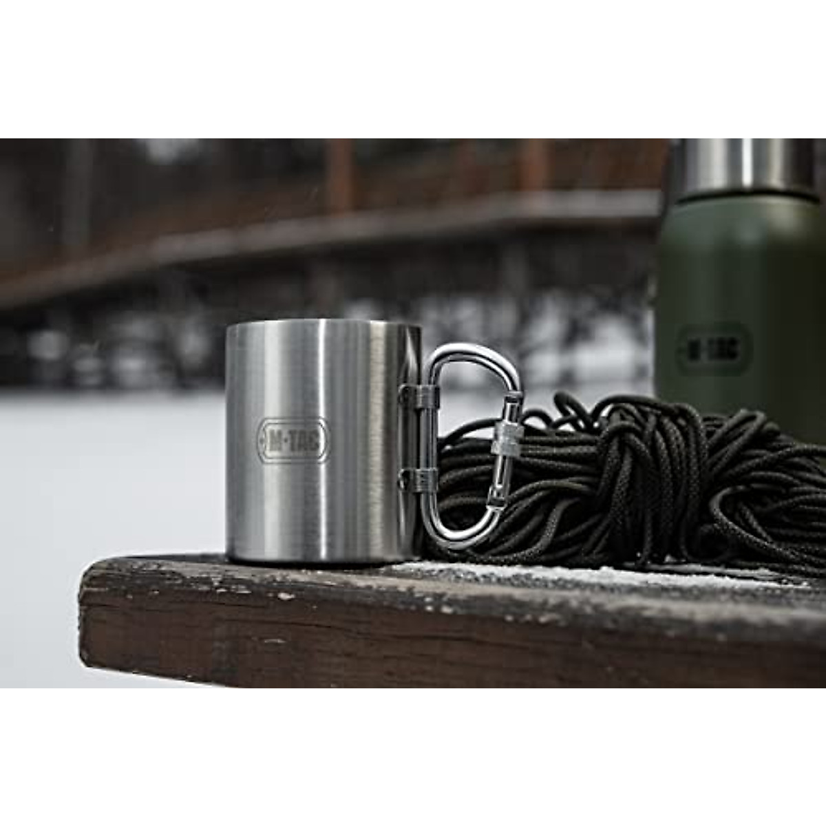 M-Tac 9.5oz Insulated Thermal Cup Mug - Double Wall Stainless Steel Thermo Tumbler with Collapsible Carabiner Handle - No Lid