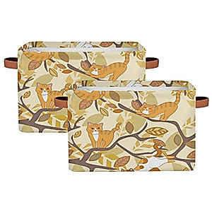 Pardick Large Collapsible Storage Bins ,Animal Cat Tree Decorative Canvas Fabric Storage Boxes Organizer with Handles，Rectangular Baskets Bin for Home Shelves Closet Nursery Gifts