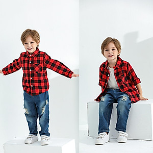 2Pcs Baby Boys Girls Toddler Kids Red Plaid Flannel Shirt Elastic Waist Ripped Holes Soft Jeans Outfit Set(18-24 Months, Red/Black)