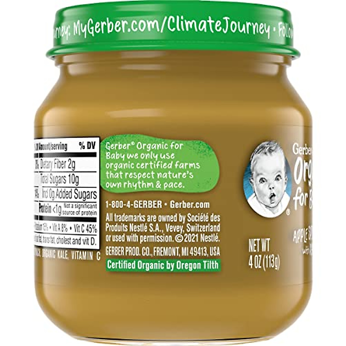 Gerber Organic for Baby 2nd Foods Baby Food Jar, Apple Spinach with Kale, USDA Organic & Non-GMO Pureed Baby Food for Sitters, 4-Ounce Glass Jar (Pack of 6)