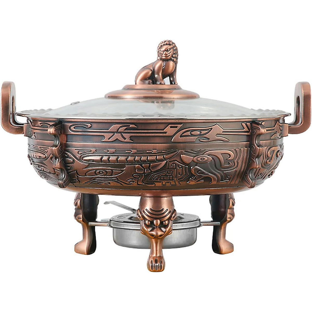 FLTRGO Red Bronze Chafing Dish, Round Buffet Server Trays with Glass Lids and Alcohol Furnace, for Kitchen Buffet Dining Party Wedding Banquet