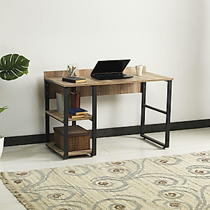 Aienid Solid Wood Walnut Black Computer Desk Black Metal Frame 58" Wooden Top 2 Shelves Writing and Computer Desk for Home Office, Oak