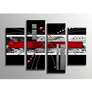 YPY Large Black Red Canvas Wall Art - 4 Panels Modern Abstract Picutre Set for Home Decoration - Contemporary Painting Artwork Ready to Hang Living Room Bedroom W48 x H36