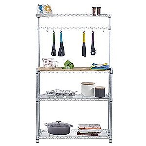 TRINITY EcoStorage Bakers Rack and Pantry Organizer with 3 Shelves, Removable Bamboo Work Surface, and Hooks for Kitchen Organization and Food Preparation, Chrome, 36” W x 14” D x 60” H
