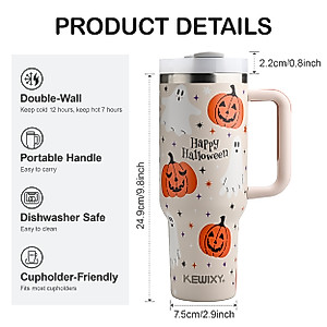 KEWIXY Halloween Ghost 40 Oz Tumbler With Handle and Straw, Stainless Steel Double Walled Vacuum Insulated Cup, Holiday Gifts for Women Men (Cute Ghost)