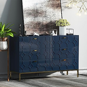 Clihome 6 Drawer Double Dresser, Sideboard with 6 Drawers Modern Chest of Drawers Wood Dresser for Living Room, Home Office, Entryway, Blue