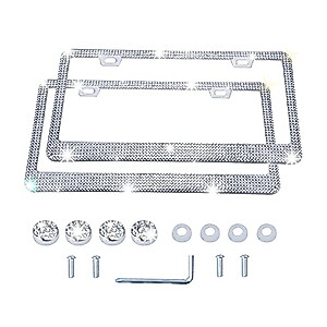 LivTee Luxury Rhinestone License Plate Frame Bling Car Accessories for Women, Funny Glitter Stainless Steel Cover 1000+ Cute Crystal Diamond Licenses Plates Holder with Cap Screws Set(White)