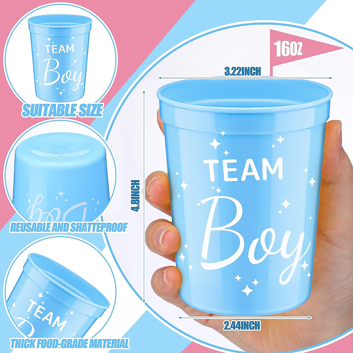 Pickmesh 48 Pcs Gender Reveal Cups 16 oz Plastic Team Boy Team Girl Cups Gender Reveal Party Drinking Cups Pink and Blue Gender Reveal Party Supplies for Beverage Drink Baby Shower Decorations