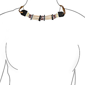 Boho South Western American Indian Style Handmade 3 Row Line Brown Bead Natural Wood Hair Pipe Black Leather Tribal Wide Choker Adjustable Necklace for Women Teens