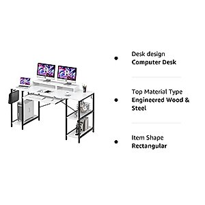 White Desk with Keyboard Tray, 55 INCH Desk with Storage Shelves Modern Computer Desks for Home Office Study Desk with Monitor Shelf Industrial PC Desk Studio Desk with Iron Hooks, Easy to Assemble