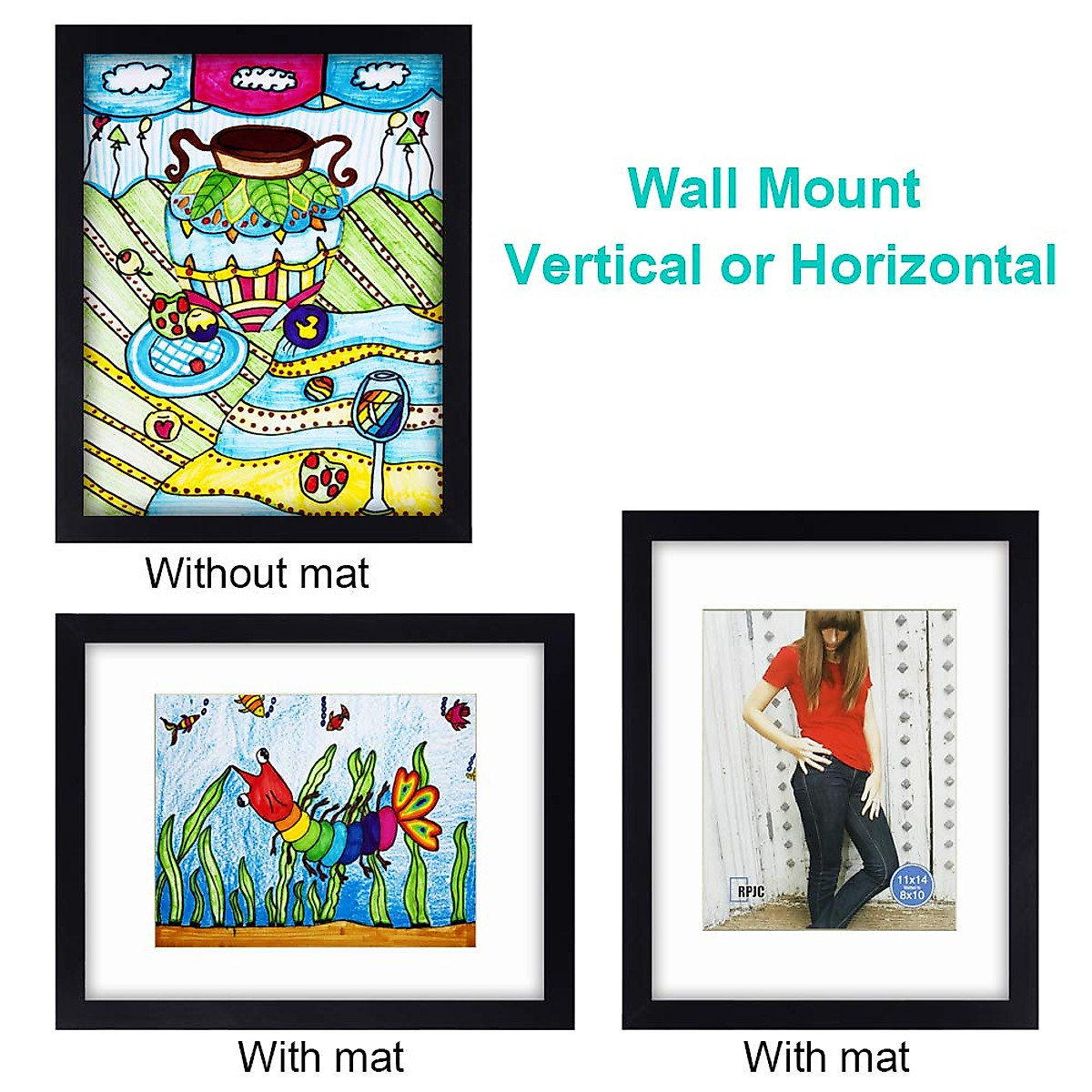 RPJC 11 x 14 Picture Frames Made of Solid Wood and High Definition Glass Display Pictures 8x10 with Mat or 11x14 Without Mat for Wall Mounting Photo Frames Black