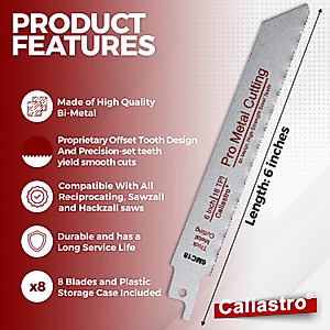6-Inch Thick Metal Cutting Reciprocating Saw Blades (18 TPI) Made of Long Lasting Bi-Metal (HSS Teeth Bonded to HCS Body) - 8 Pack - Caliastro