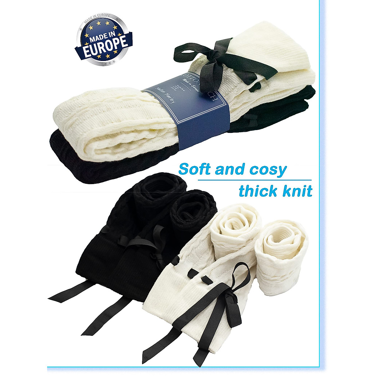 Molton Marley 2 Pack Long Over The Knee Thigh High Long Socks, Ribbon, Cotton Knit, Girls' and Women's, Made in Europe (Vanilla, Black)