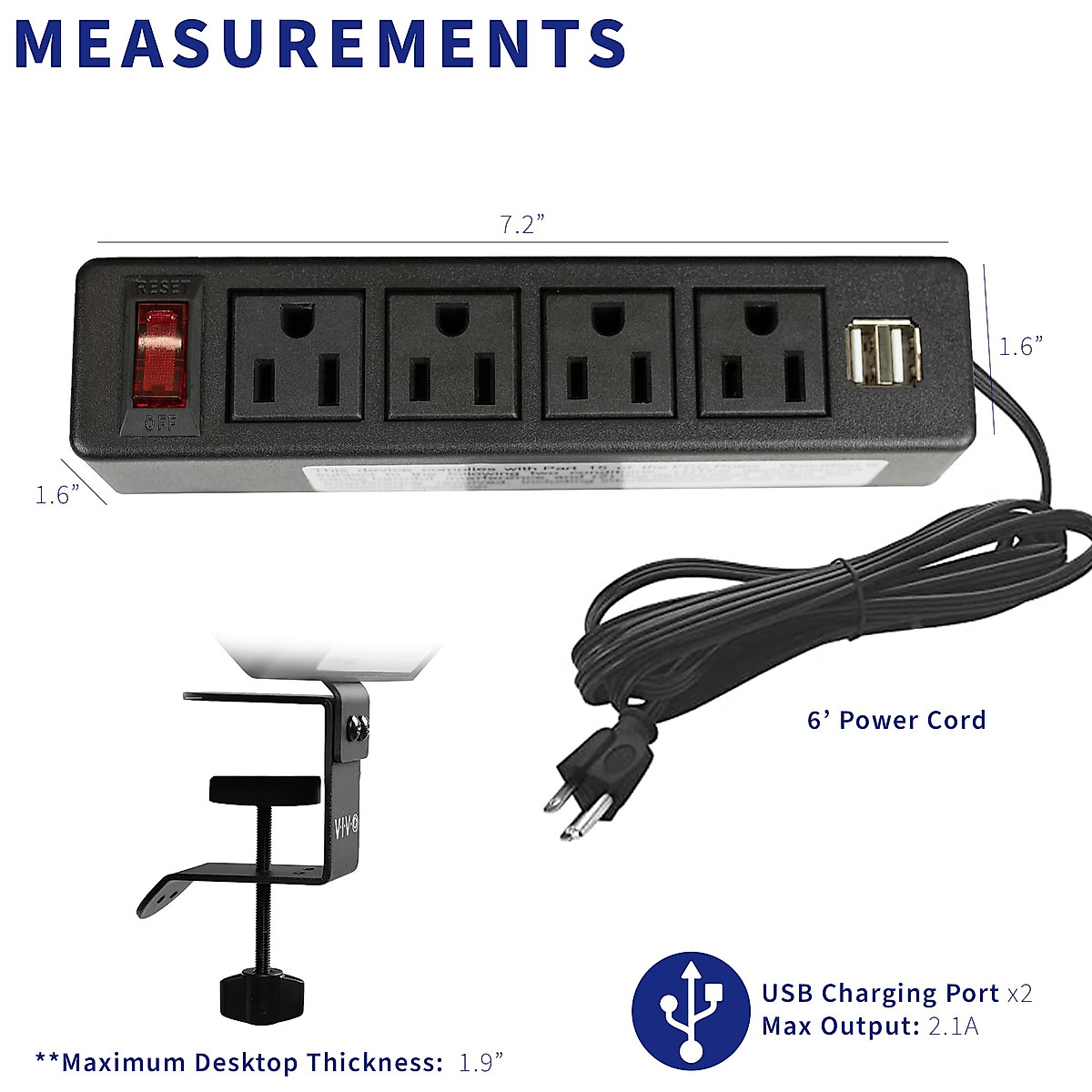 VIVO Clamp-on Power Strip, All-in-One Power Hub Desk Mount with 2 USB Ports, 4 AC Outlets, Tabletop Plugs with 6ft Cord, Black, DESK-AC120V