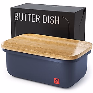 Farmhouse Butter Dish with Lid for Countertop - Butter Stick Holder Container with Freshness Seal - Bamboo Lid Cutting Board Butter Keeper - Butter Crock for Counter - Covered Butter Dish - Gray -23oz