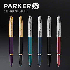 Parker 51 Fountain Pen | Deluxe Black Barrel with Gold Trim | Fine 18k Gold Nib with Black Ink Cartridge | Gift Box