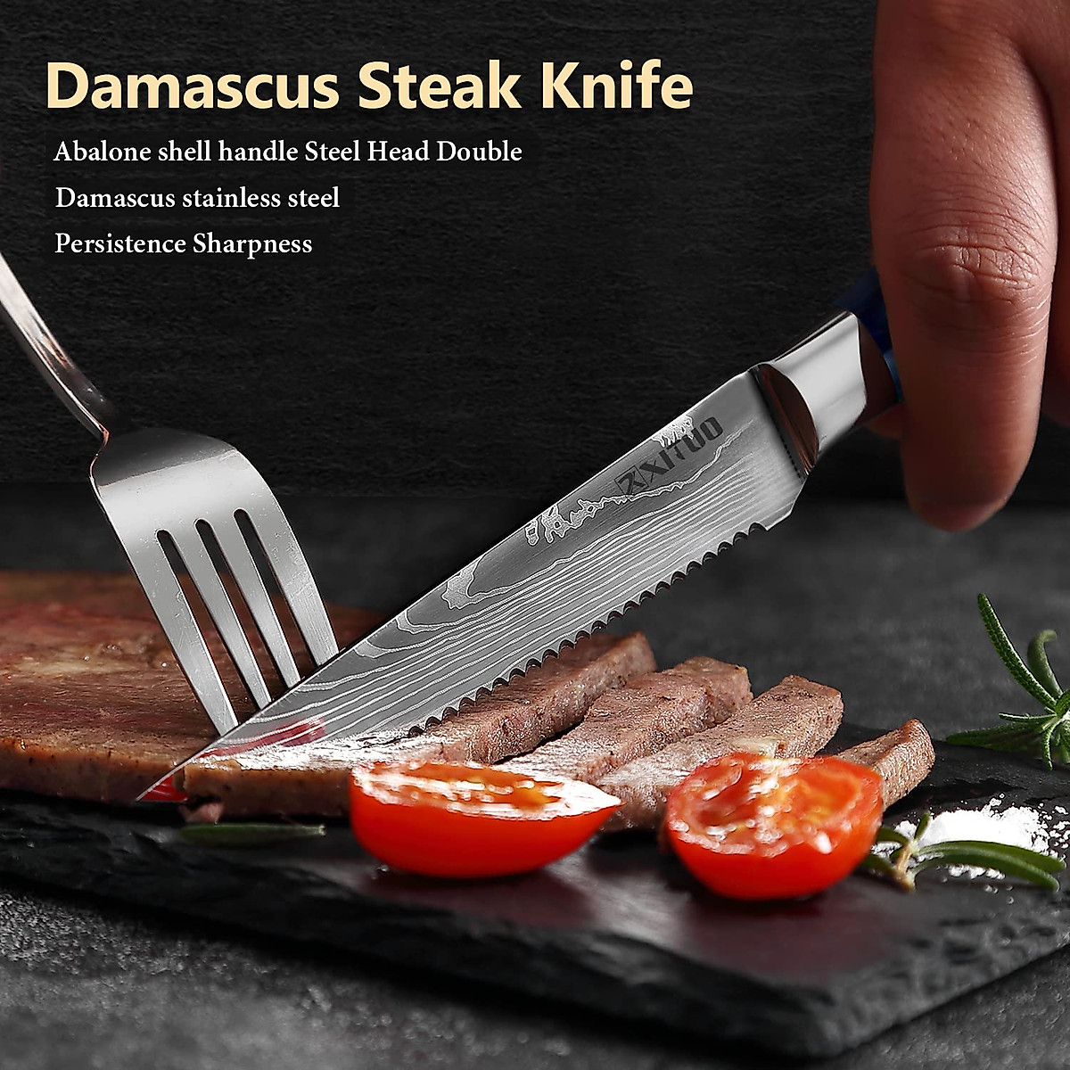 XT XITUO Serrated Steak Knife Set - 6pcs Premium 4.5 inch Kitchen Cutting Steak Knives, German Stainless Steel KnifeTable Dinner Knife with Blue Resin Handle for Home Restaurant, Gift Box