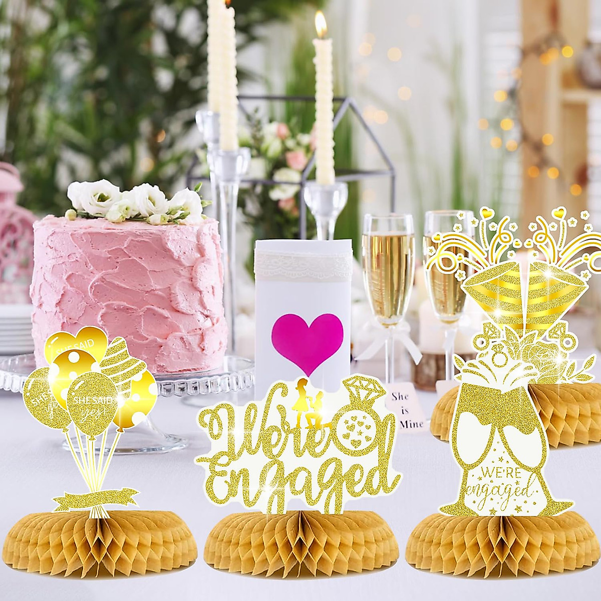 8Pcs Engagement Centerpieces Table Decorations, Gold White Engagement Party Decorations, Golden He Asked, She Said Yes Honeycomb Centerpiece for Bridal Shower Engagement, Wedding Party Decoration