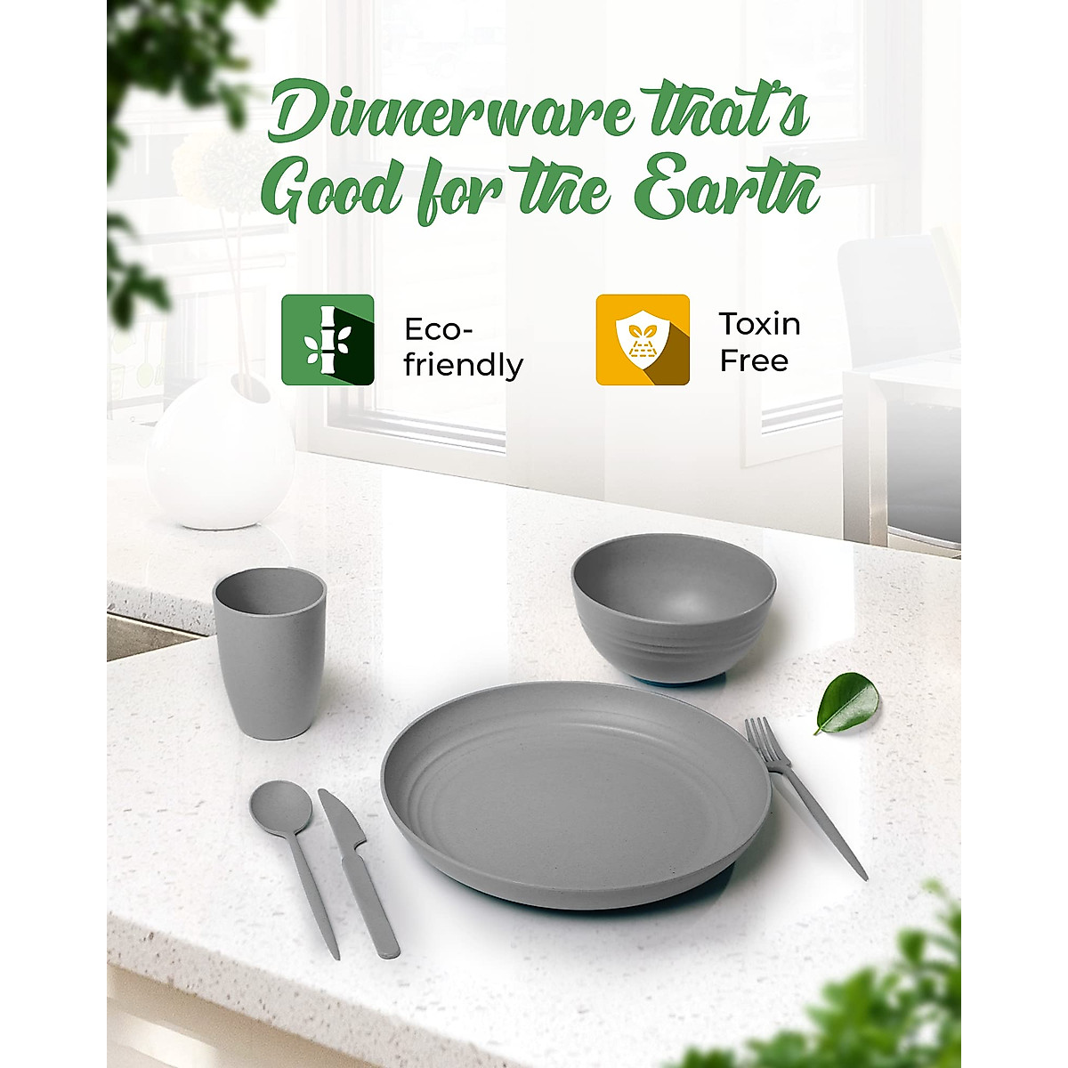 GREENDISH Wheat Straw Dinnerware Set 24-Piece - Cups, Plates and Bowls Sets for 4 with Reusable Cutlery Utensils - Unbreakable Wheatstraw Plastic Dinnerware Set with Fork Spoon Knife - Dishwasher Safe