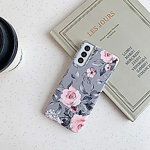 YeLoveHaw Phone Case Designed for Samsung Galaxy S21 5G for Women Girls, Soft Slim Full-around Protective Cute Cover, Floral Purple Gray Leaves Pattern, Compatible with SamsungS21 6.2'' (Pink Flowers)