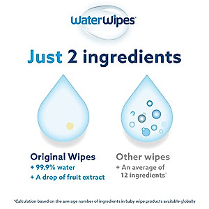 WaterWipes Plastic-Free Original Baby Wipes, 99.9% Water Based Wipes, Unscented & Hypoallergenic for Sensitive Skin, 540 Count (9 packs), Packaging May Vary