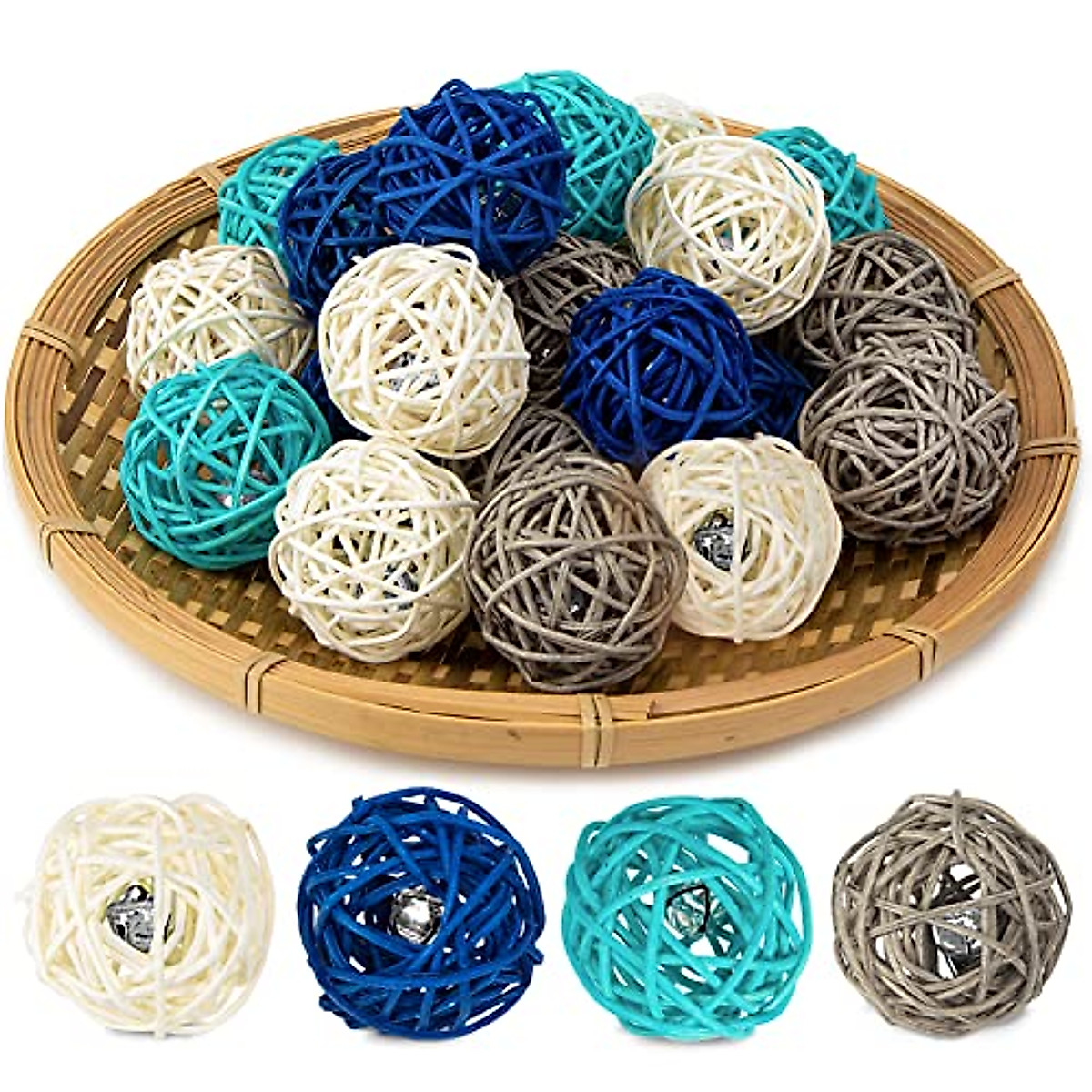 DomeStar Rattan Ball with Jingle Bell, 24PCS Wicker Ring Balls 2 Inches Natural Decorative Wicker Rattan Balls Orbs Vase Fillers Blue, White, Grey and Cerulean