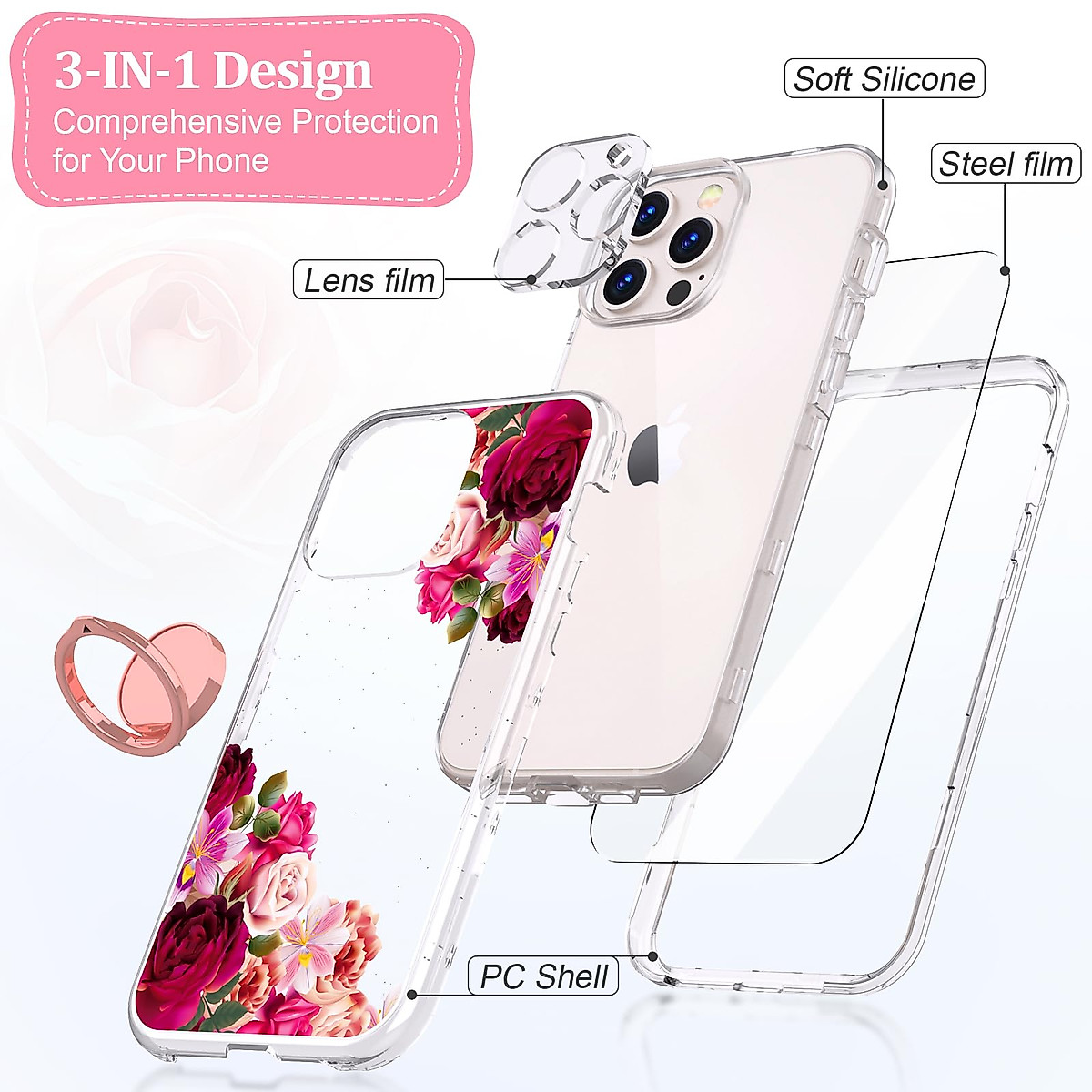 ACKETBOX for iPhone 13 Pro Max Case,with Screen Protector & Camera Lens Protector+Ring Bracket,Floral Phone Cover Designed for iPhone 13 Pro Max(Big Red Flower 01)