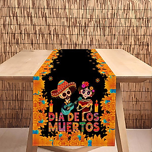Mexican Day of The Dead Table Runner Mexico Dia De Los Muertos Sugar Skull Table Cover Dining Room Kitchen Home Indoor Outdoor Holiday Party Table Decoration (13" x 72")