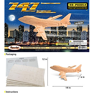 Puzzled 747 Jet Plane 3D Puzzle Wood Craft Construction Kit Aircraft, Fun & Educational DIY Wooden Toy Assemble Model Unfinished Craft Hobby Airplane Puzzle to Build & Paint for Decoration 33pcs Pack