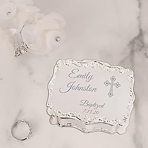 Cherished Moments Personalized Small Rectangle-Shaped Jewelry Box with Custom Engraved Name and Cross for Baptism Gift, Silver Toned