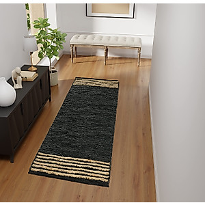 GRUHUM Jute Runner Rug 2'6"x 8' ft Natural Fibre Black Rectangular Jute Area Rug Leather Handwoven Boho Farmhouse Braided Rustic Vintage Eco Friendly Rug Kitchen Livingroom Bedroom Hallways Enterways