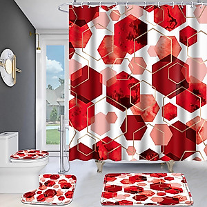YOKYHOM Bathroom Sets, 4 Piece Geometric Red Bathroom Shower Curtain Sets with Rugs, Incl 71'' x 71'' Polyester Waterproof Shower Curtain with 12 Hooks, Non Slip Bath Mats and Toilet Lid Oval Rug