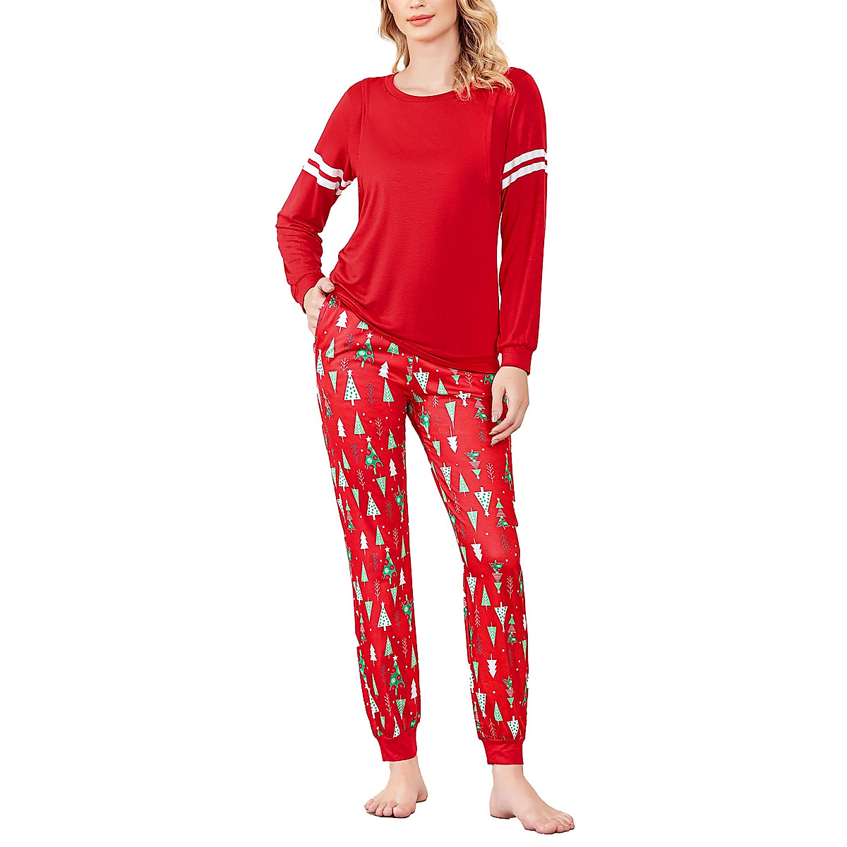 Ekouaer Women's Nursing Pjs Long Sleeve Maternity Pajamas Set X-Mas Pregnancy Breastfeeding Sleepwear Loungewear Christmas Red S