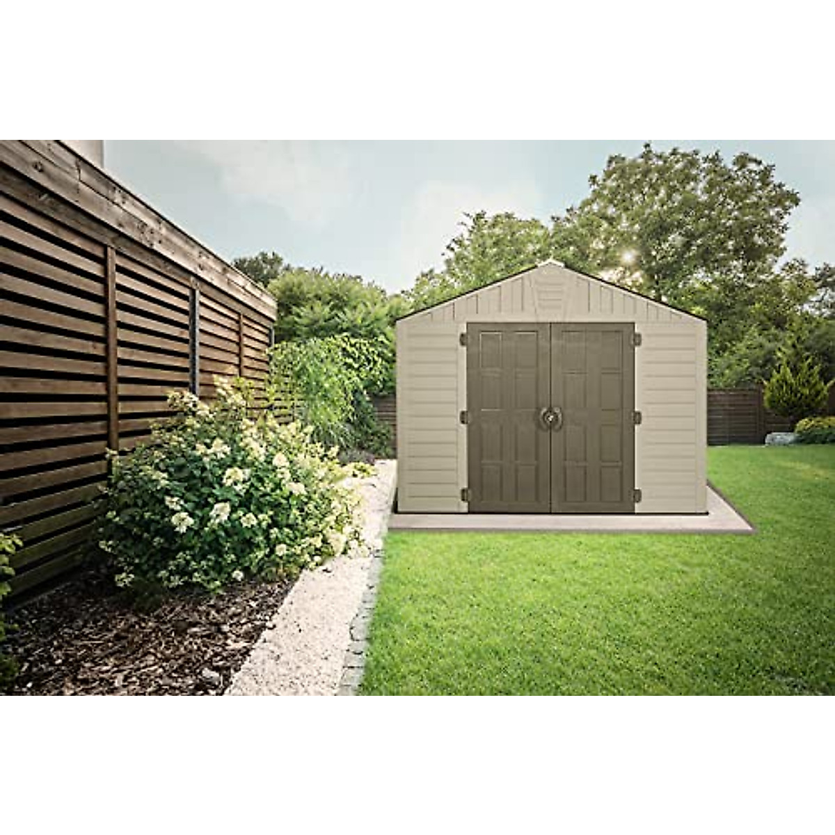 Keter Stronghold 10x8 Large Resin Outdoor Shed for Patio Furniture, Lawn Mower, and Bike Storage, Taupe