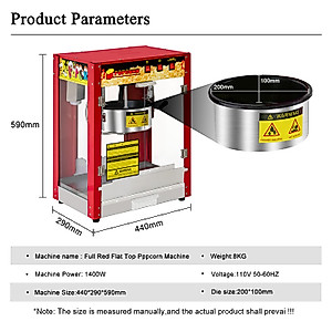 110V US Commercial Popcorn Machine, 8oz Popcorn Maker with Stainless-Steel Kettle,1400 W Countertop Popcorn Maker ，Movie Theater Popper with 3-Switch Control Steel Frame Acrylic Doors, Red