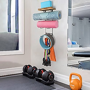 VINAEMO Yoga Mat Holder Accessories Wall Mount Organizer Storage Decor Foam Roller and Towel Storage Rack with 4 Hooks and Wooden Shelves Yoga Mats Rack Block Resistance Bands for Home Gym School