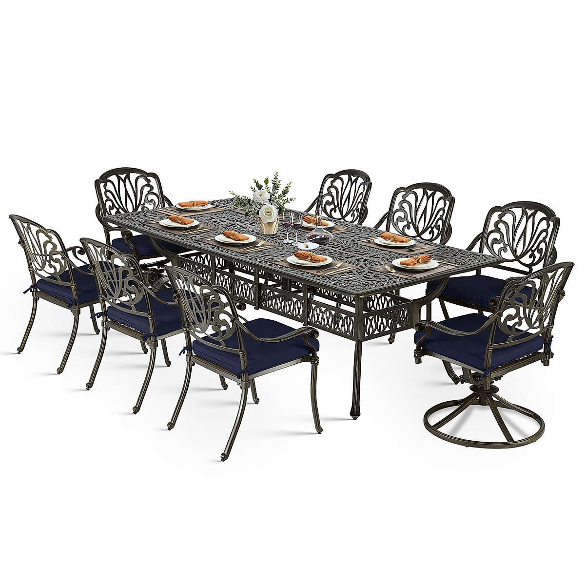 VIVIJASON 9-Piece Outdoor Dining Set, Cast Aluminum Patio Furniture Table & Chairs Set, Include 94.5" Rectangular Table, 2 Swivel Rocker Chairs, 6 Stationary Chairs, Umbrella Hole, Navy Blue Cushion