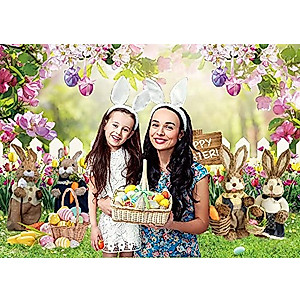 Spring Easter Photography Backdrop 7x5FT Easter Rabbit Garden Colorful Eggs Photo Backdrops Fence Green Grass Bunny Decoration Kids Newborn Baby Birthday Party Backgrounds