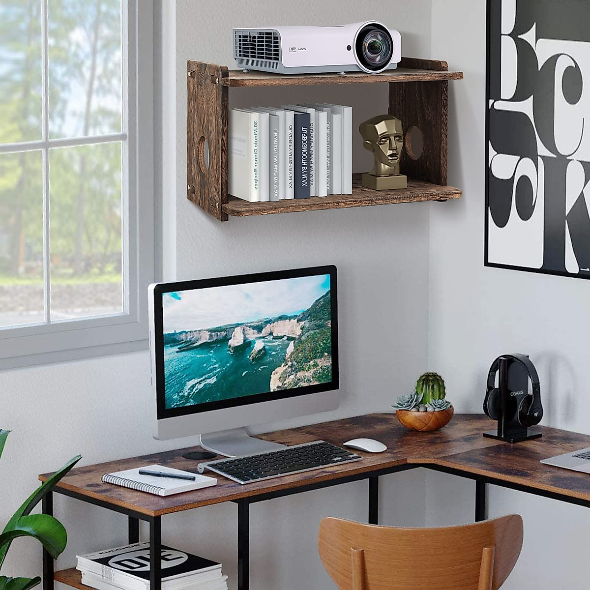 BEARUT 1 Projector & Router Wall Mount Floating Shelf, Traditional Style, Wooden, 14.8" x 7.1" x 9.4"