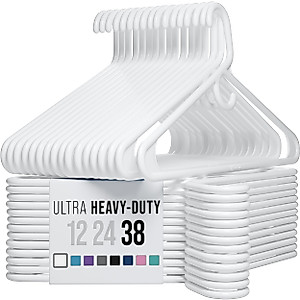 Ultra Heavy Duty Plastic Clothes Hangers - White - Durable Coat, Suit and Clothes Hanger. Perchas De Ropa (38 Pack - White)