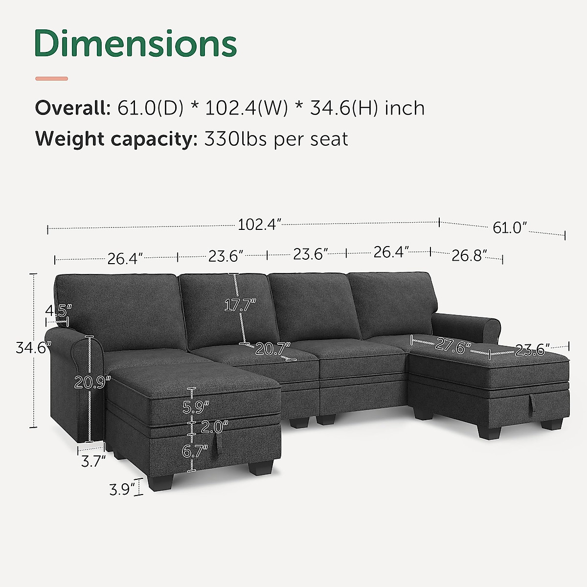 HONBAY U Shaped Sectional Couch with Storage Seat, Reversible Chaise, Convertible for Living Room, Dark Grey